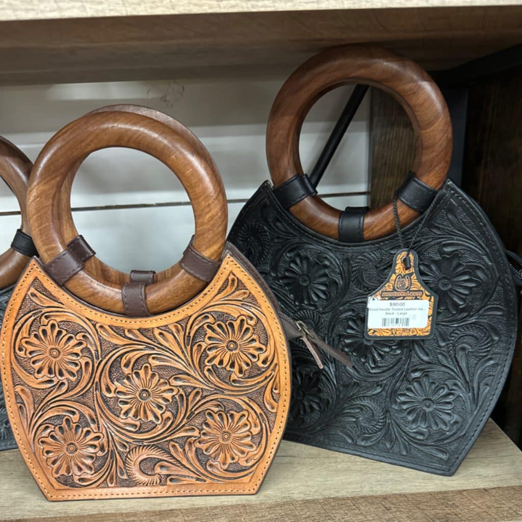 Wood Handle Tooled Leather Handbag - Western Traditions Furniture